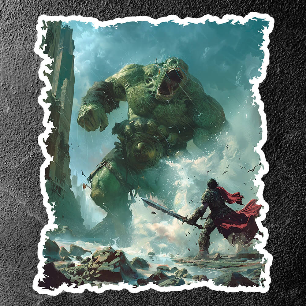 Hero Fighting Giant Creature - Vinyl Sticker – QuestBourne